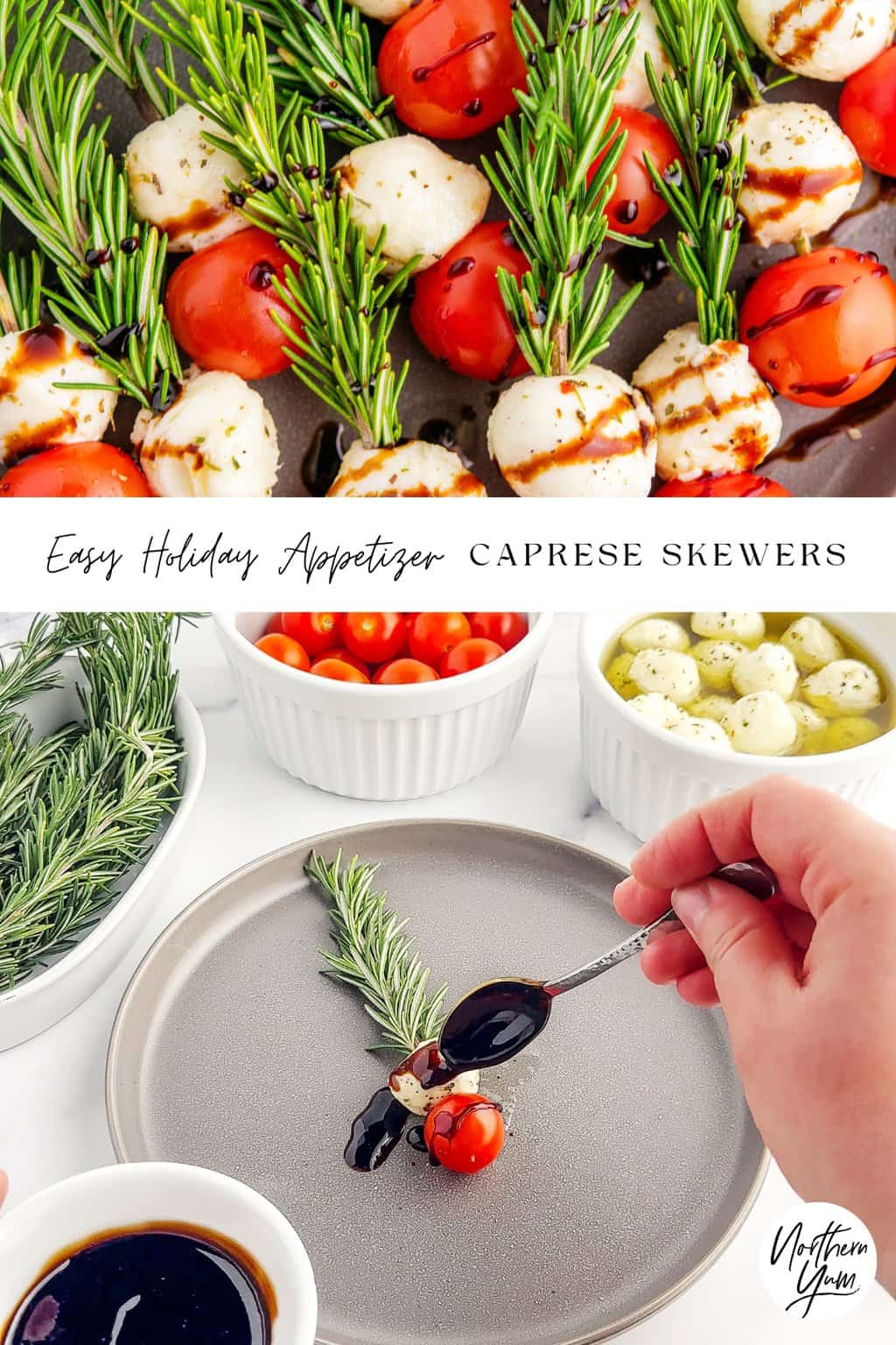 Christmas Caprese Skewers - on Rosemary with a Balsamic Glaze